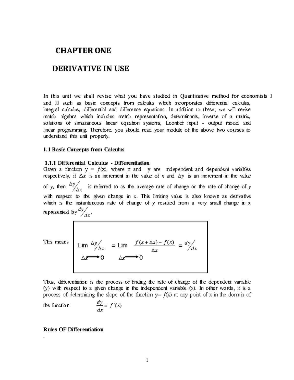 Mathematical Economics I: Chapter 1 - Derivatives and Applications ...