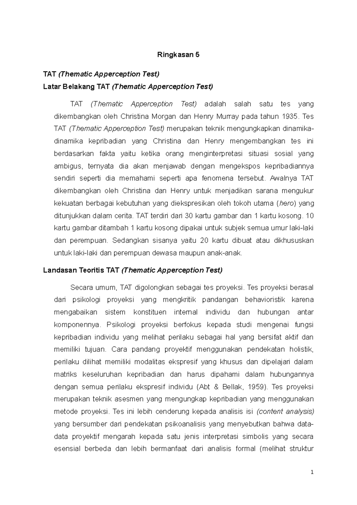Ringkasan TAT (Thematic Apperception Test) dan Analisis Kepribadian ...