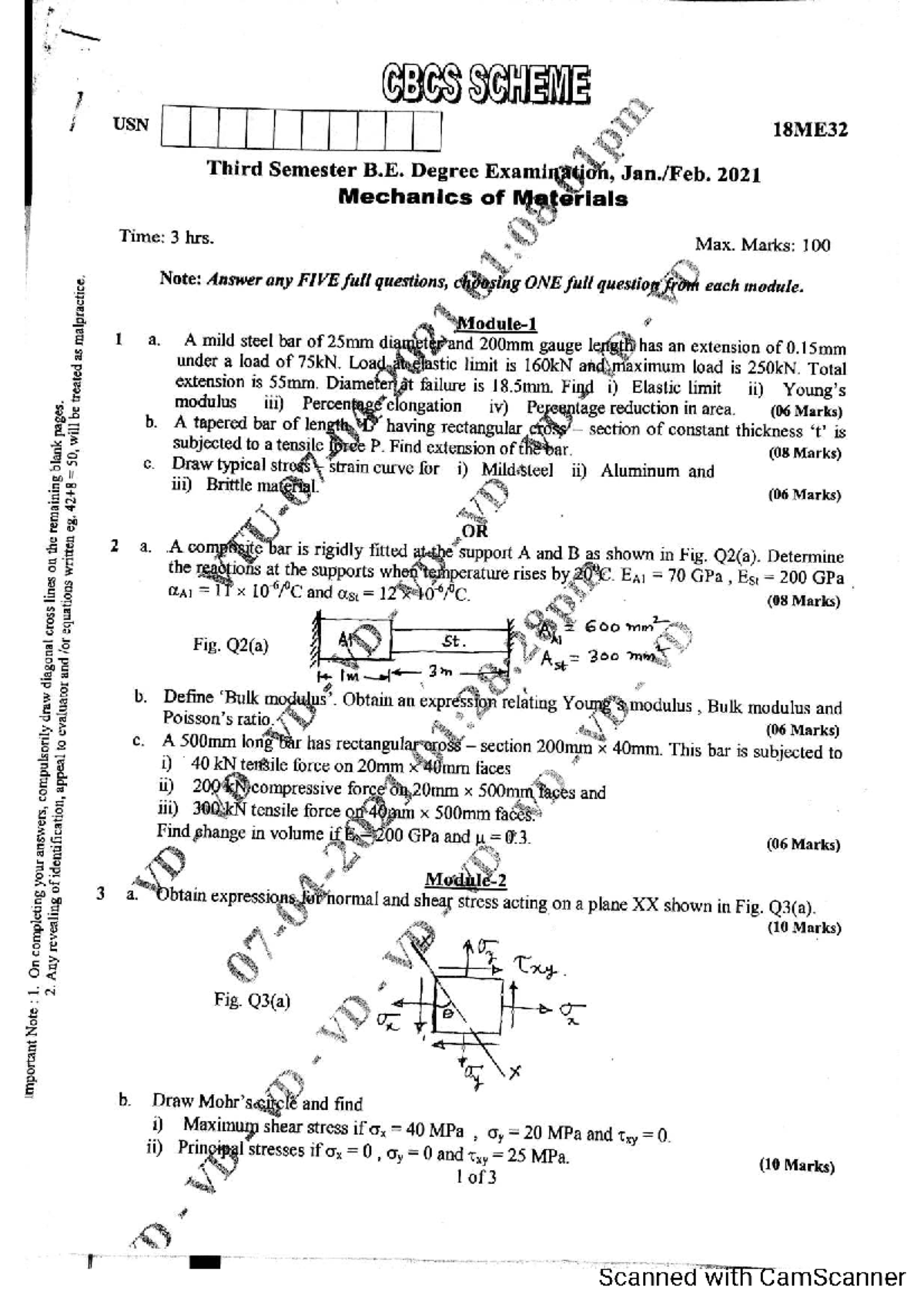 18ME32 Mechanics of Materials Exam Paper - B.E. 3rd Sem 2021 - Studocu