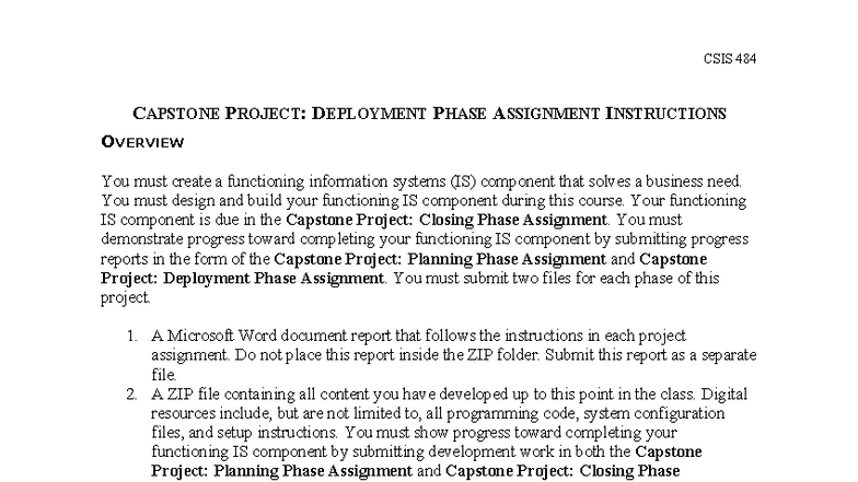 CSIS 484 Capstone Project: Deployment Phase Assignment Guide - Studocu