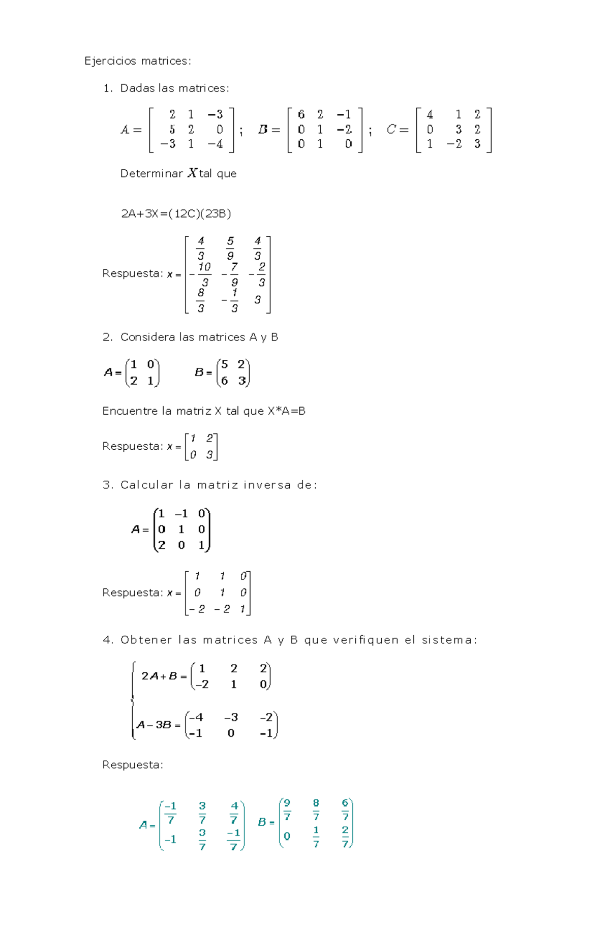 Ejercicios de Matrices - MAT II: Preparación para PC2 - Studocu