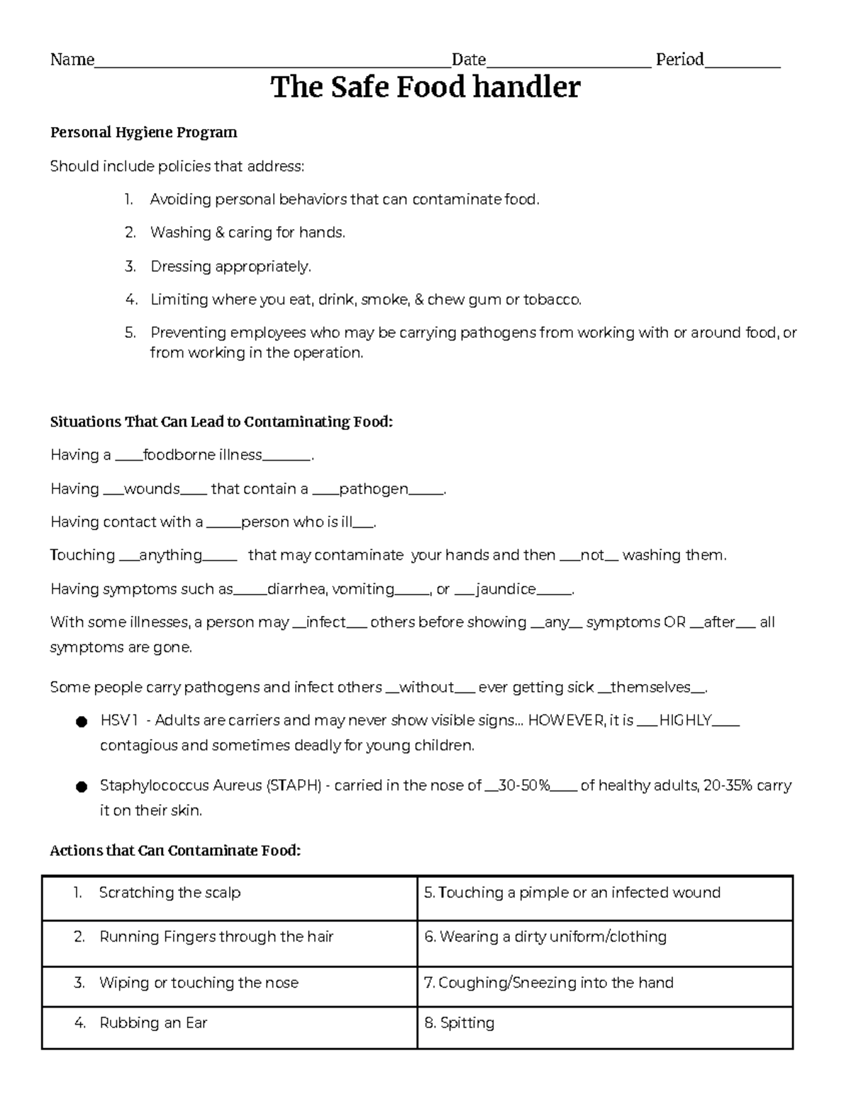 7. Safe Food Handler Notes - The Safe Food handler Personal Hygiene ...
