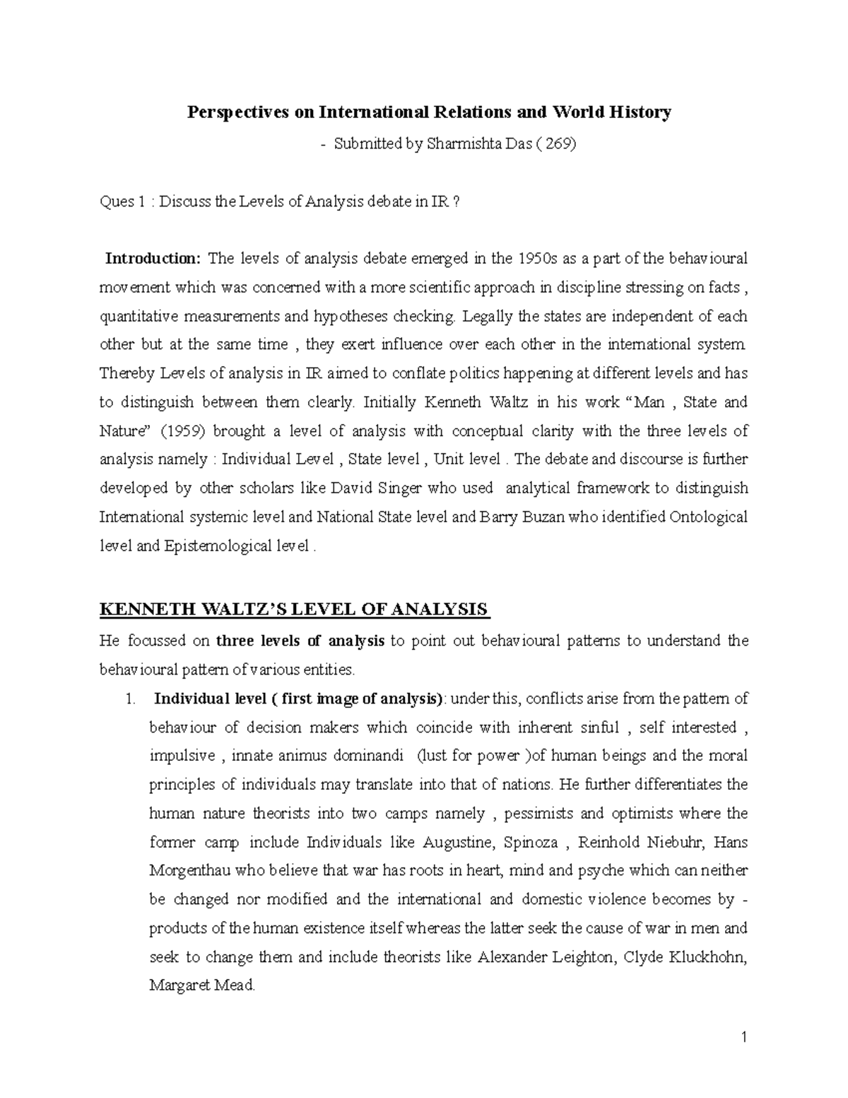 Ques 1: Analyzing the Levels of Analysis Debate in International ...