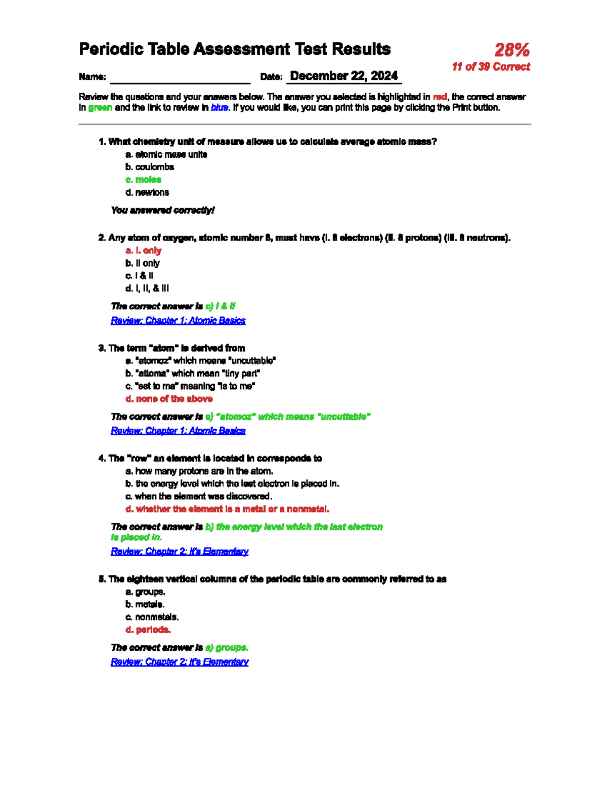 Periodic Table Assessment Results: Test Review for CHEM101 - Studocu