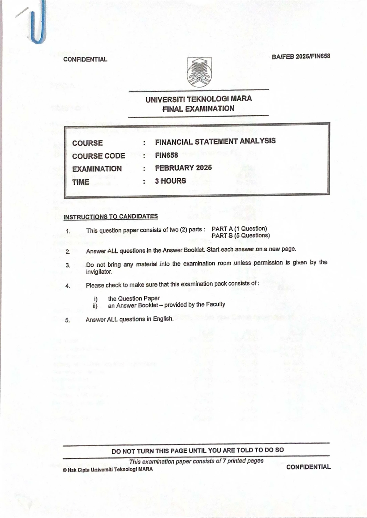 FIN658 Final Exam: Financial Statement Analysis - June 2019 - Studocu