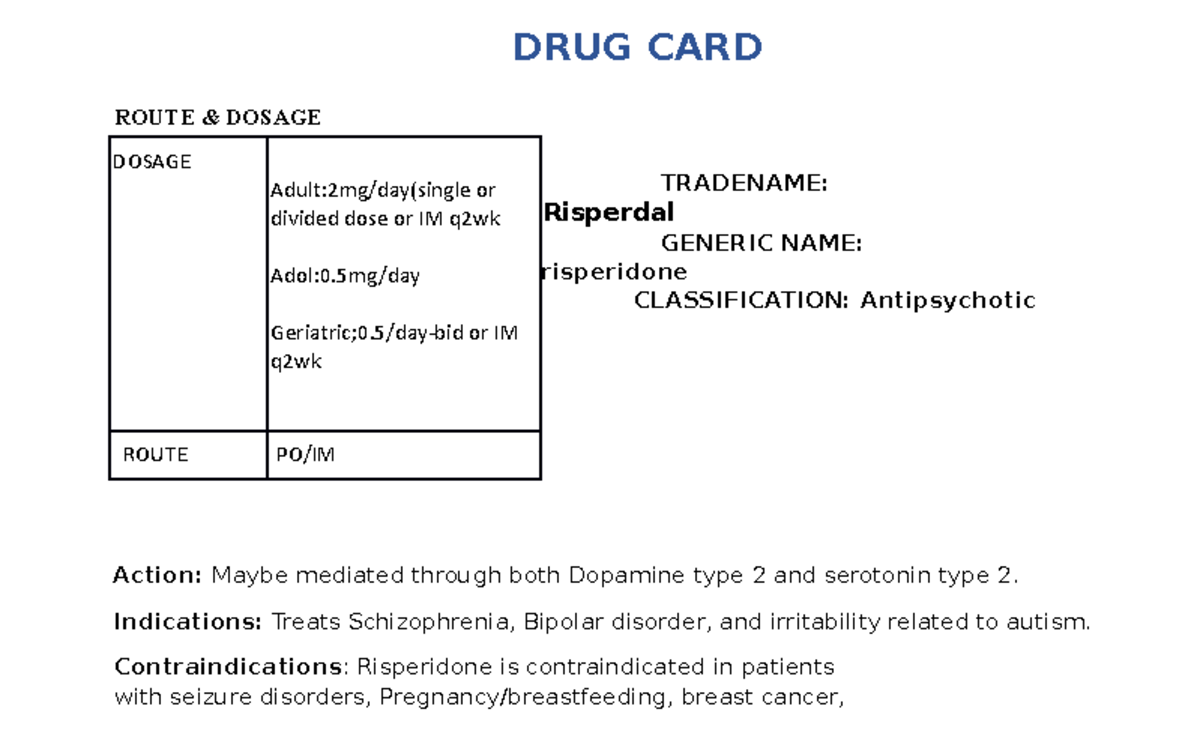 Risperidone Drug Card - NURS 101 Nursing Study Notes - Studocu