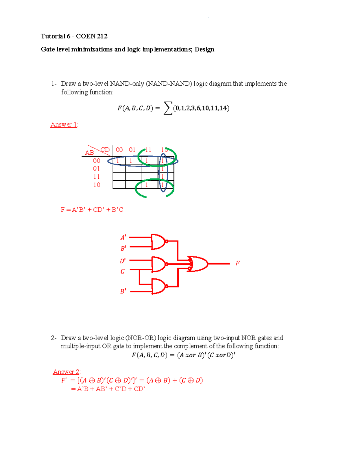 Tutorial 6 Solutions COEN 212 Logic Design & Minimization Techniques ...