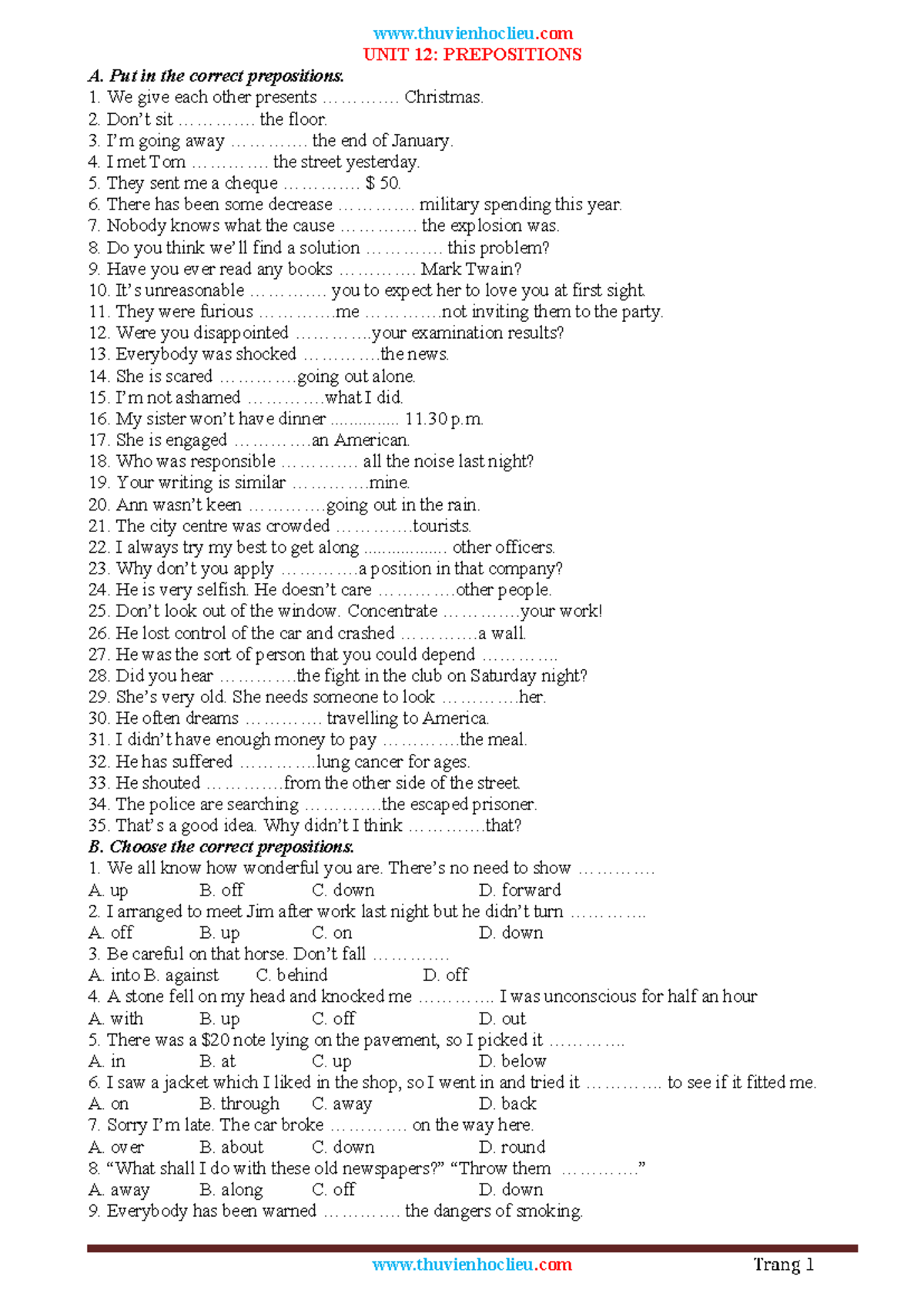 English Prepositions: Exercises & Answers (Unit 12) - Studocu