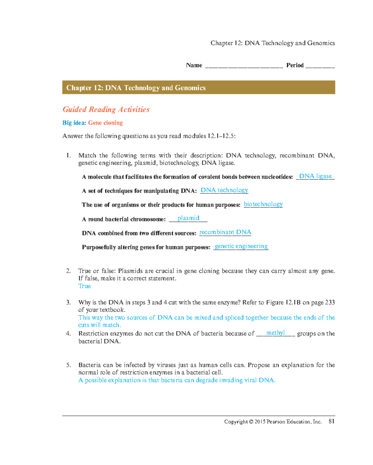 Chapter 12 Guided Reading Activity Answers: DNA Tech. & Genomics - Studocu