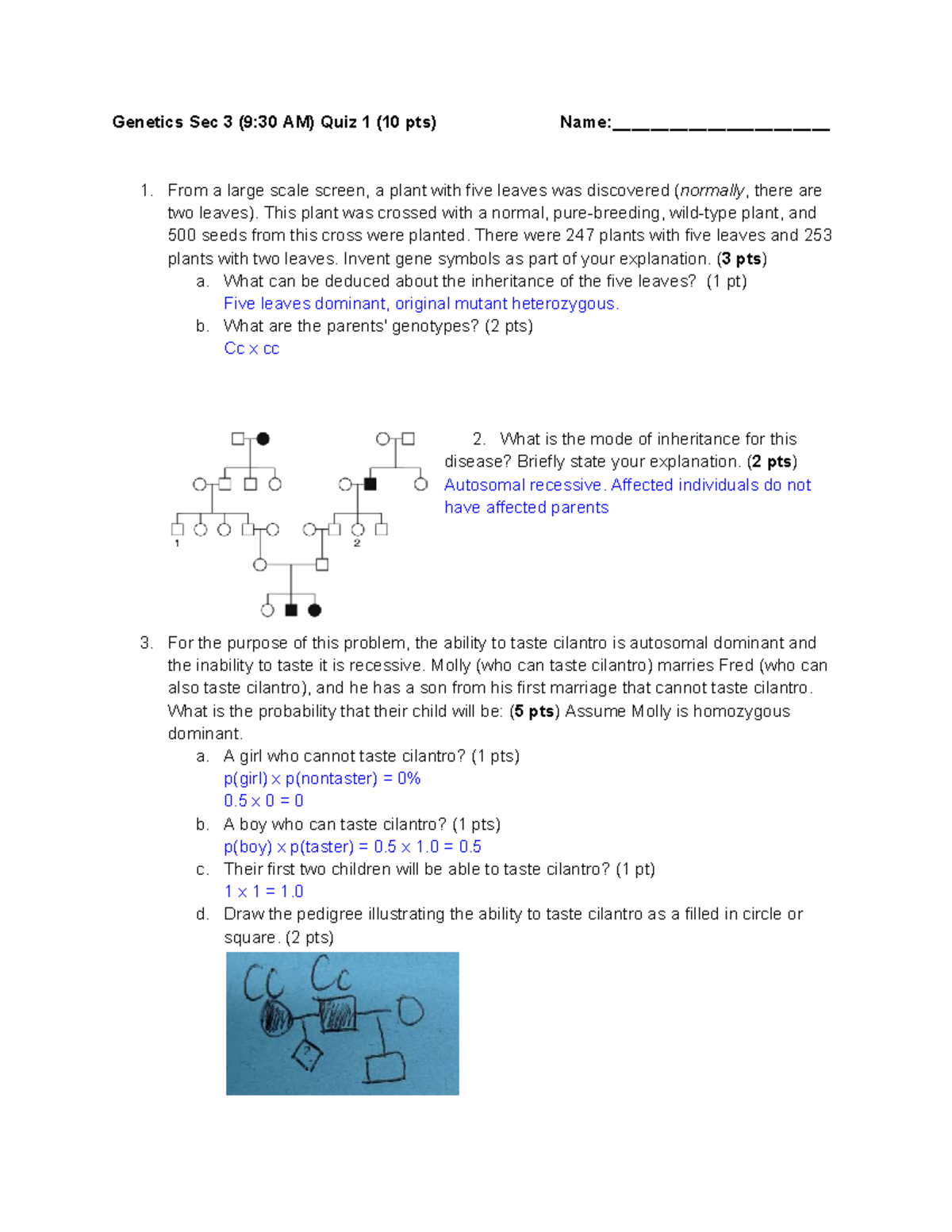 Genetics Sec 3 (9:30 AM) Quiz 1 Key: Inheritance Patterns Explained ...