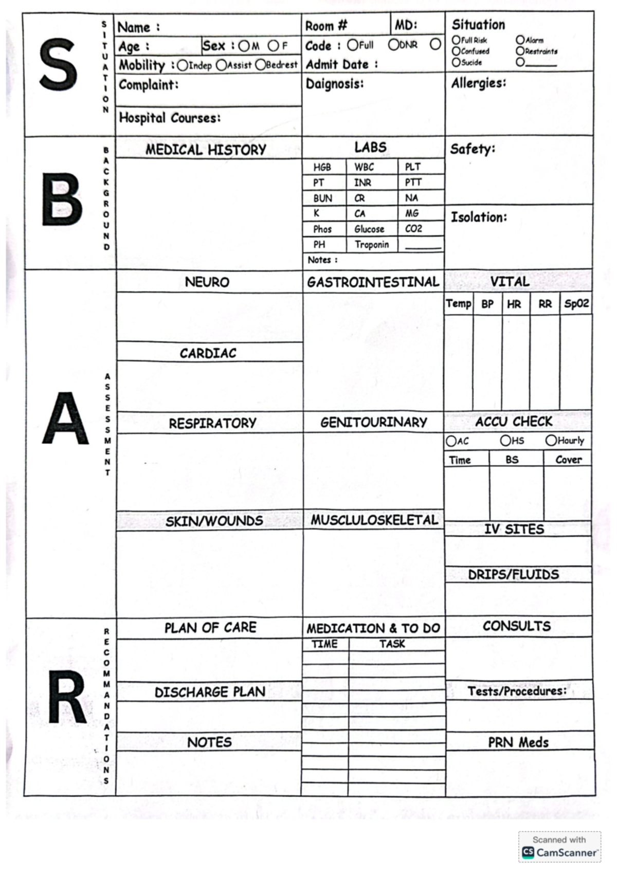 SBAR form - SBAR form for clinical - S Name : Room MD: Situation I Full ...