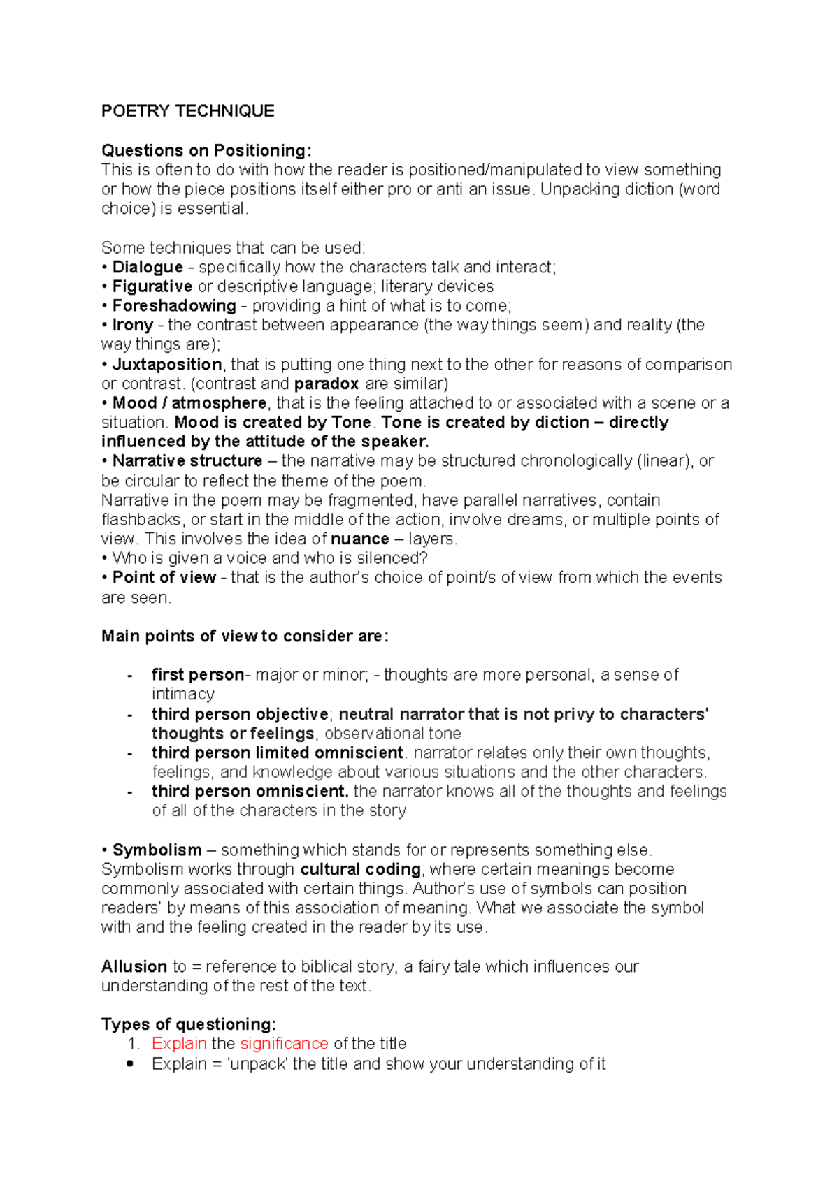 POETRY TECHNIQUE: Analyzing Positioning and Literary Devices - Studocu