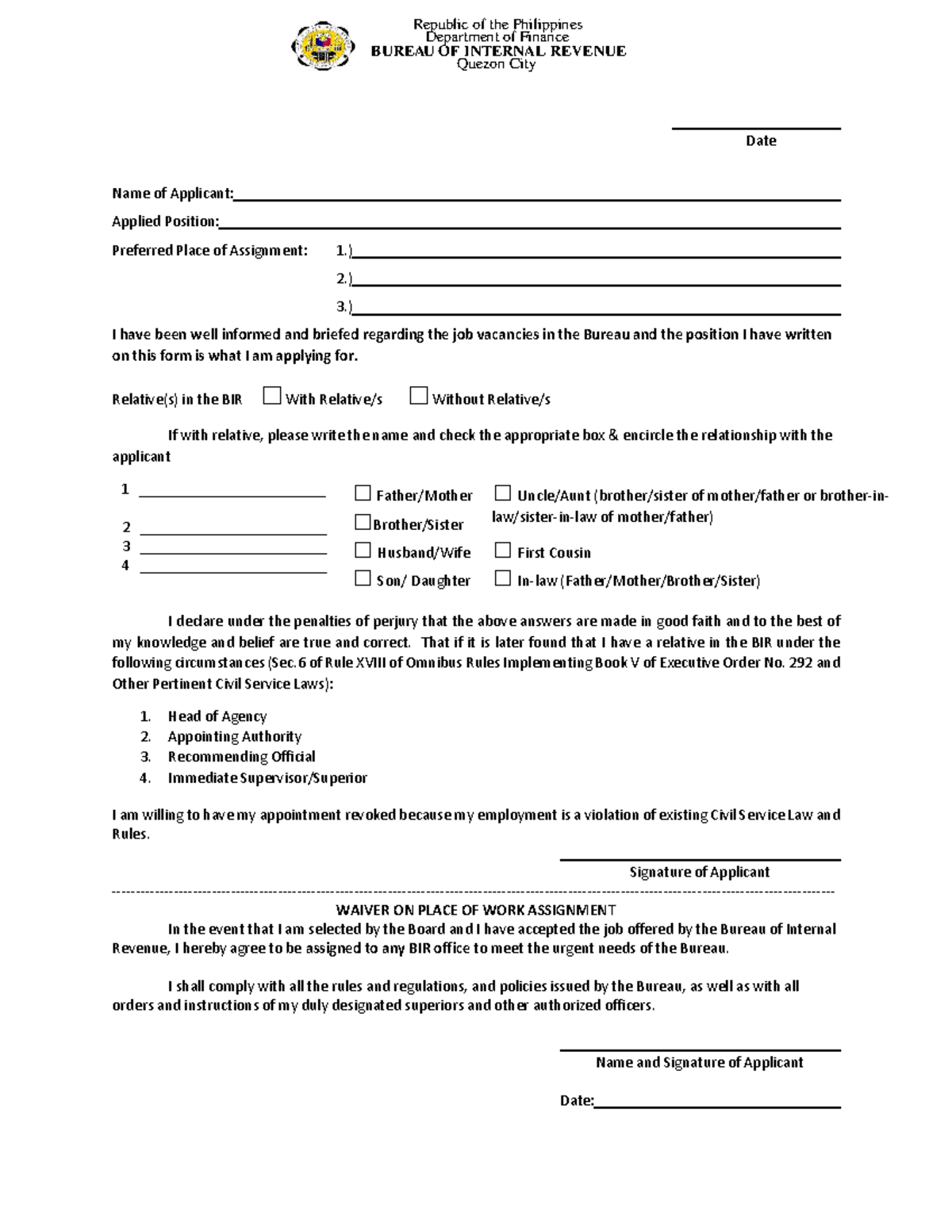 BIR Application Relatives Disclosure Form - Job Assignment Details ...