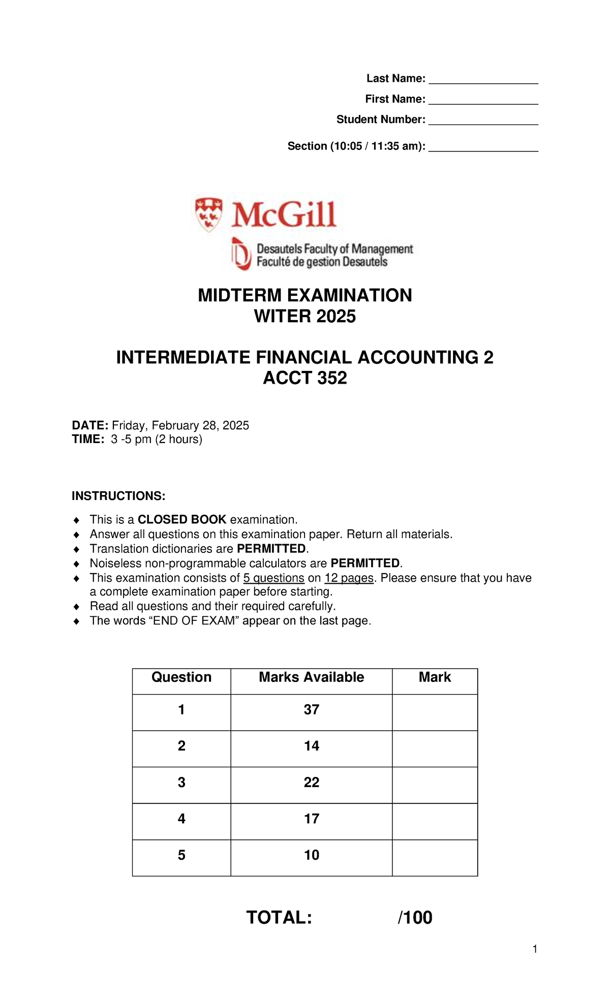 ACCT 352 Winter 2025 Midterm Exam Solutions and Analysis - Studocu