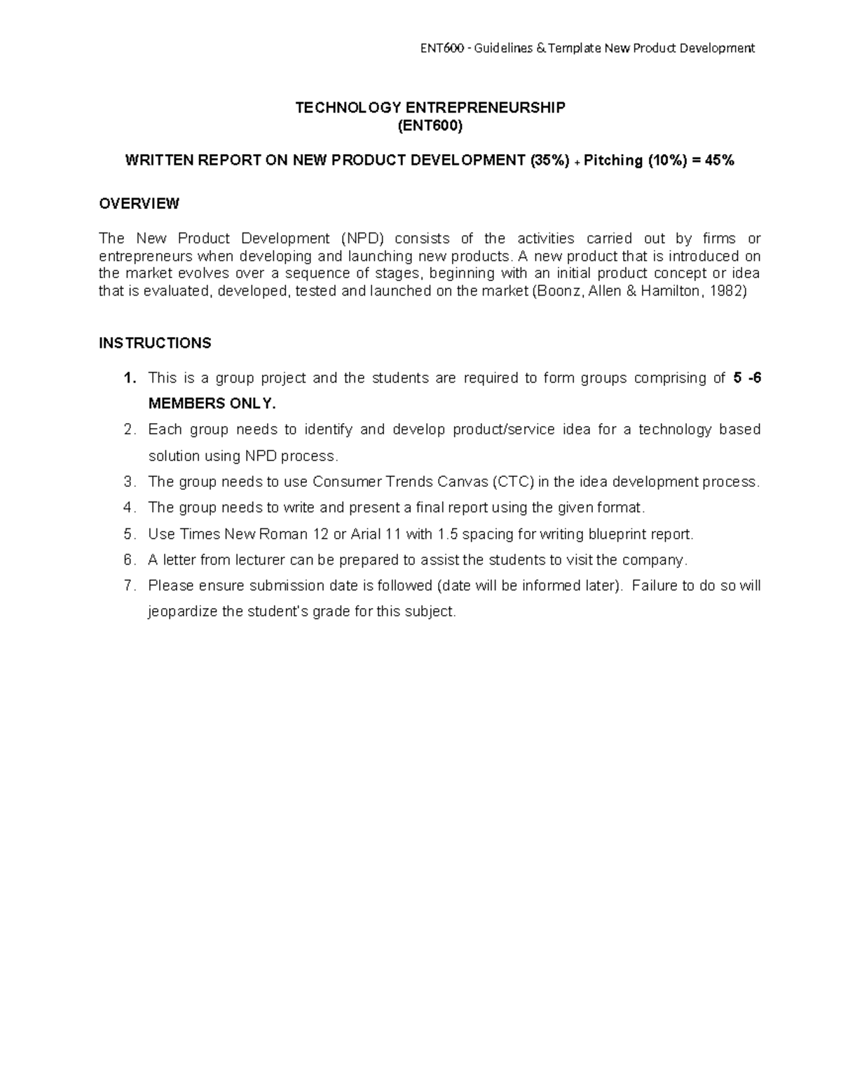 ENT600 NPD Guidelines & Template for New Product Development Report ...