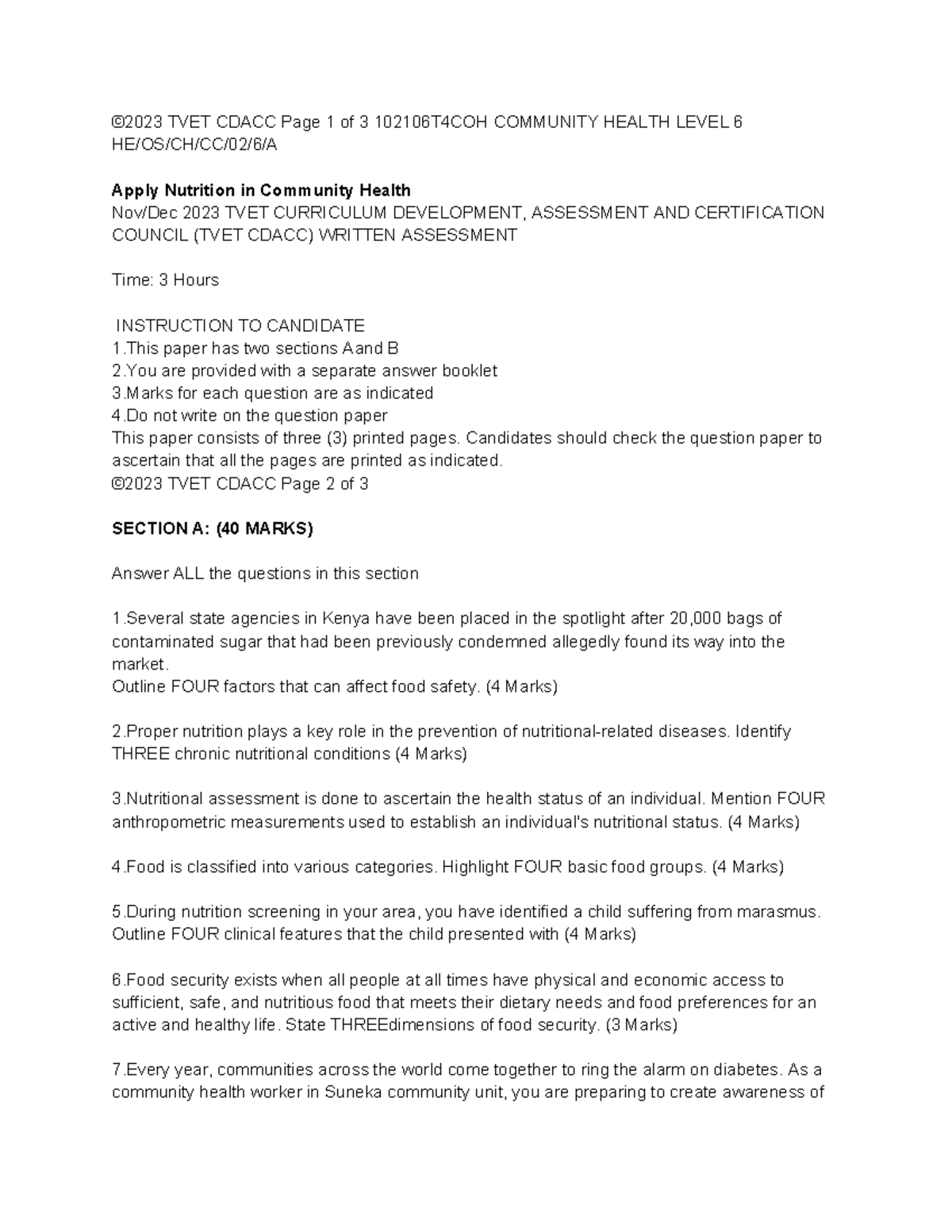 Apply Nutrition Revision Paper 102106T4COH Level 6 TVET 2023 - Studocu