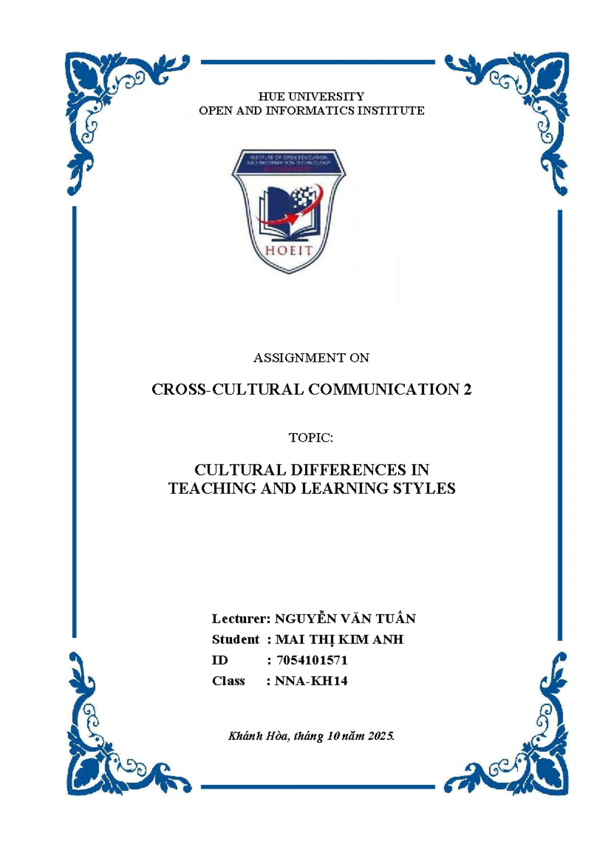 HUE UNIVERSITY OII ASSIGNMENT: CULTURAL DIFFERENCES IN TEACHING ...