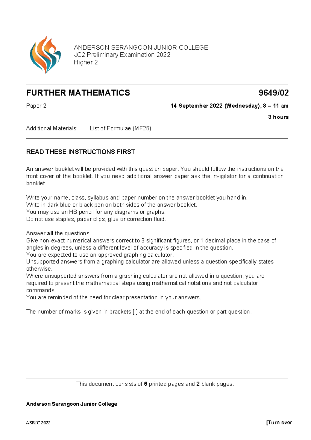 ASRJC JC2 Preliminary Exam 2022 H2 Further Mathematics Paper 2 - Studocu