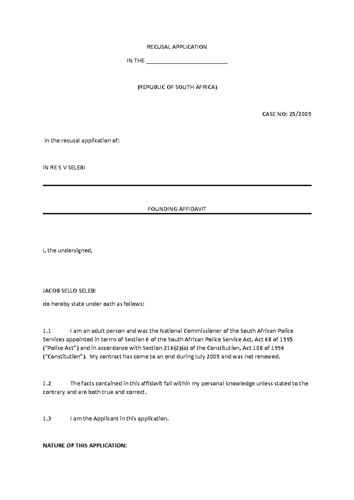 Recusal Application in Case No: 25/ S v Selebi - Founding Affidavit ...
