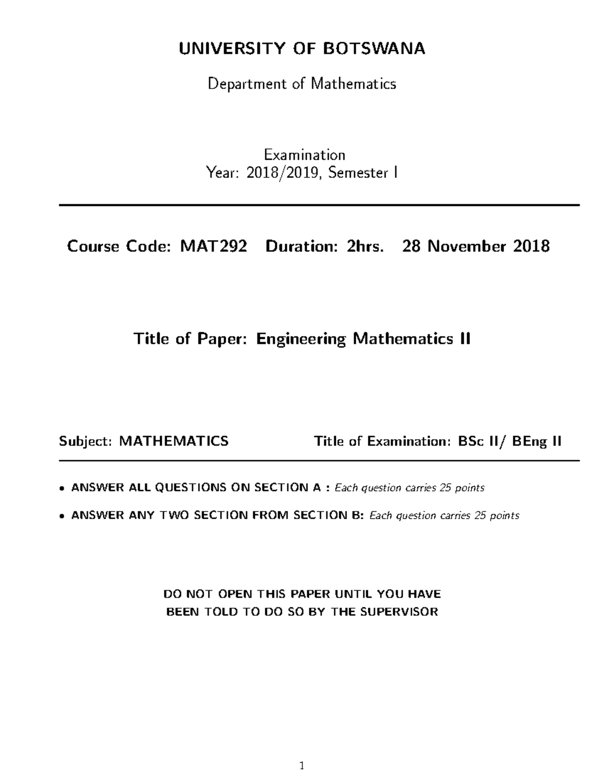 MAT292 Final Exam 2018: Engineering Mathematics II Revision - Studocu