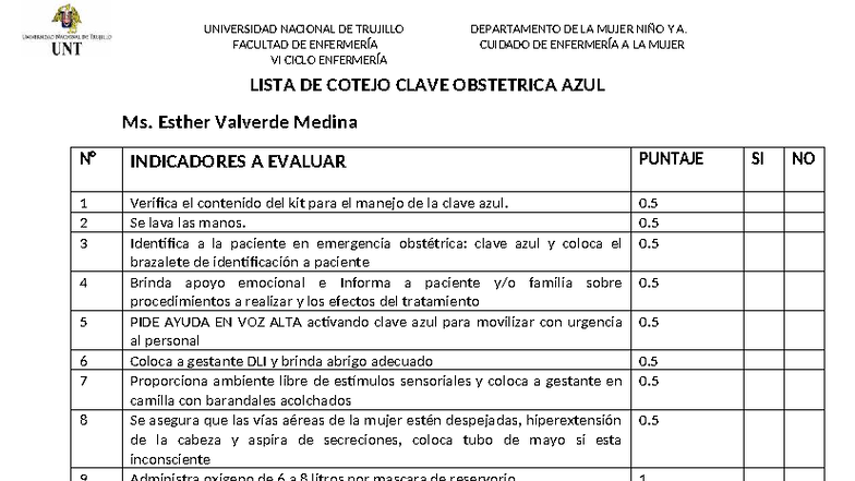 Lista de Cotejo para Manejo de Clave Azul en Emergencias Obstétricas ...
