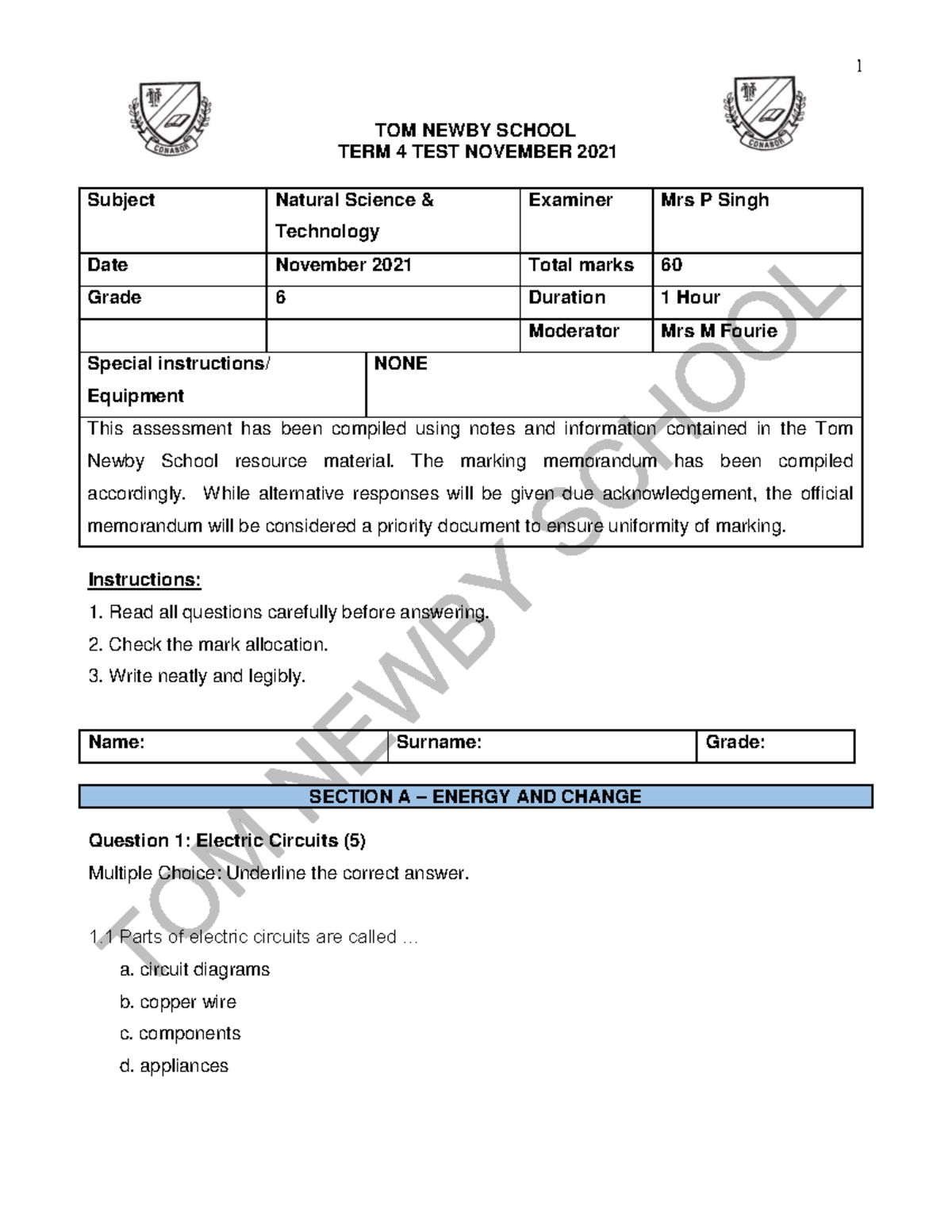 Grade 6 Natural Science & Technology Exam Term 4 Nov 2021 - Studocu