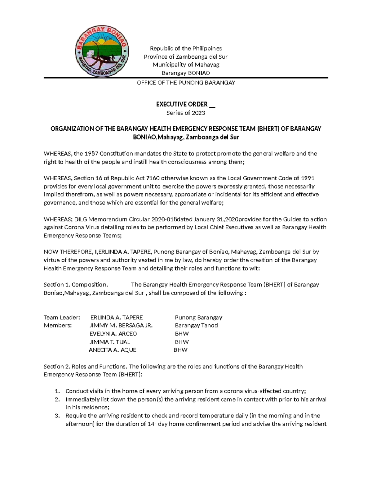 Executive Order No. 2023-01: Formation of BHERT in Boniao, Mahayag ...
