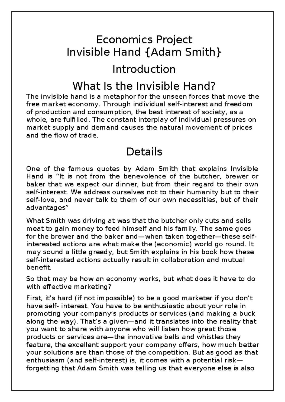 Economics Project: The Invisible Hand Concept by Adam Smith - Studocu