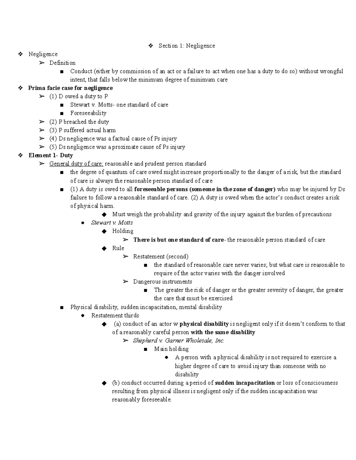 Torts 1L Outline: Key Concepts and Case Summaries on Negligence - Studocu