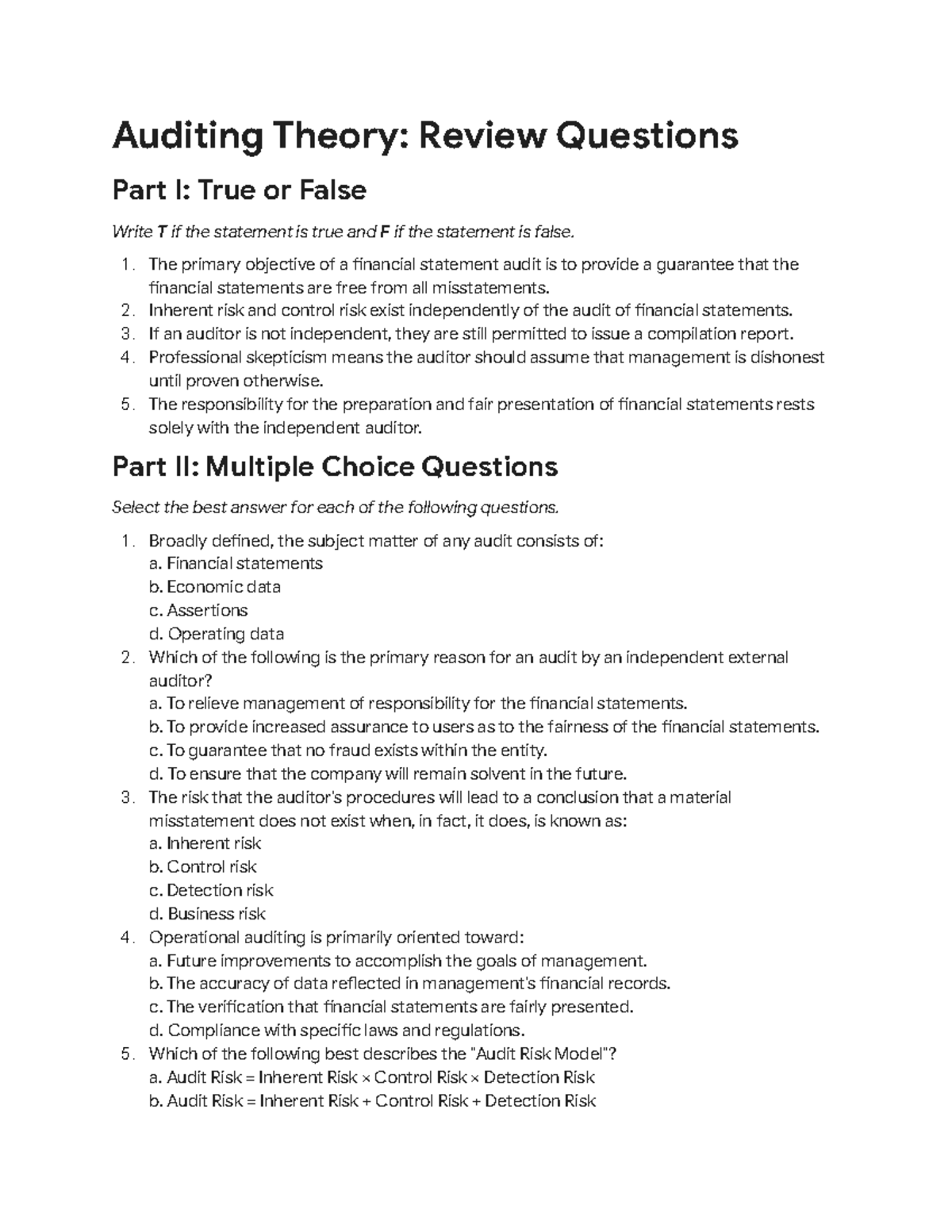 Auditing Theory Quiz (ACCT 101): True/False & MC Questions - Studocu