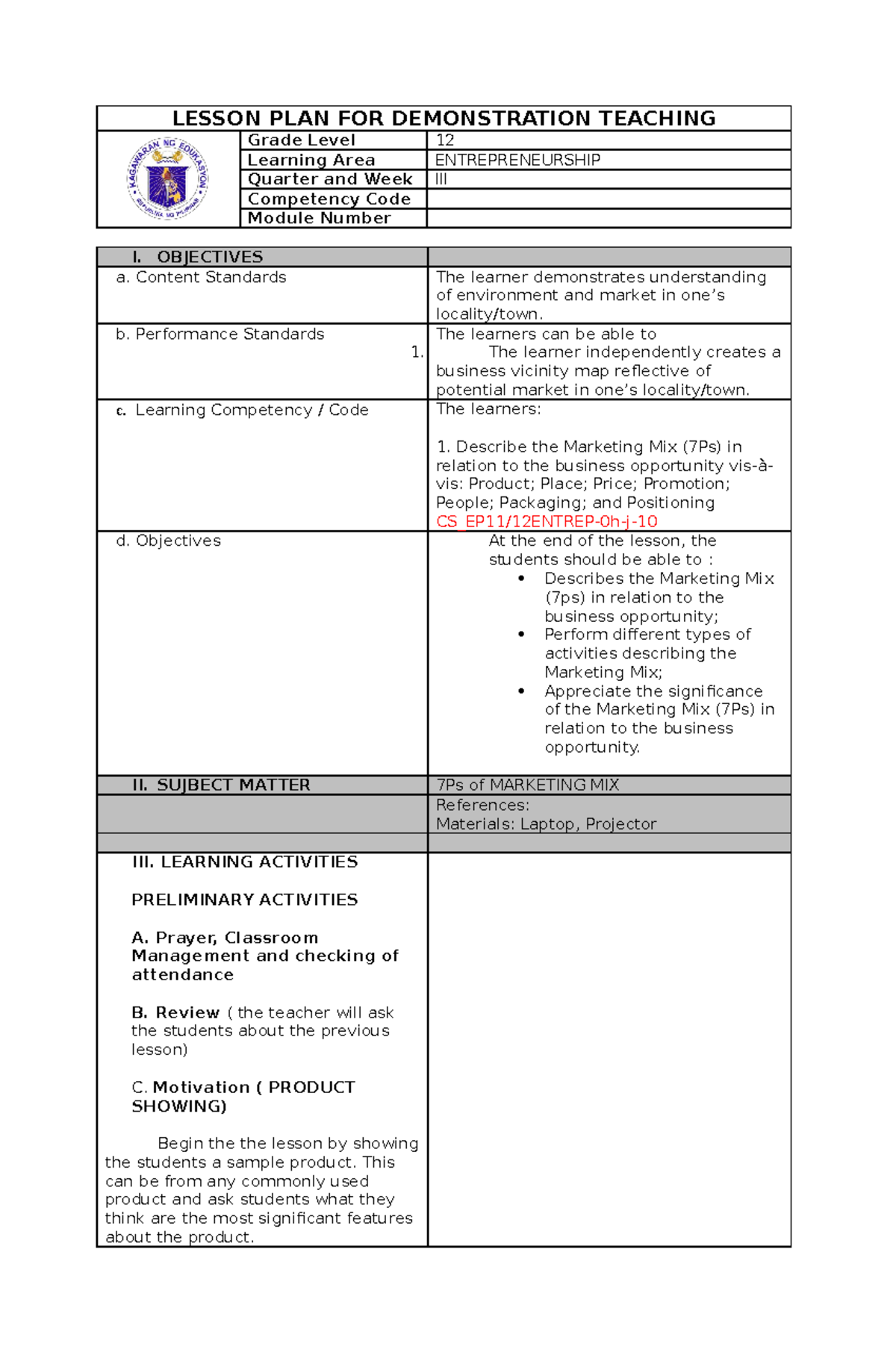 Lesson Plan: 7Ps of Marketing (ENTREP 11/12) for Grade 12 - Studocu