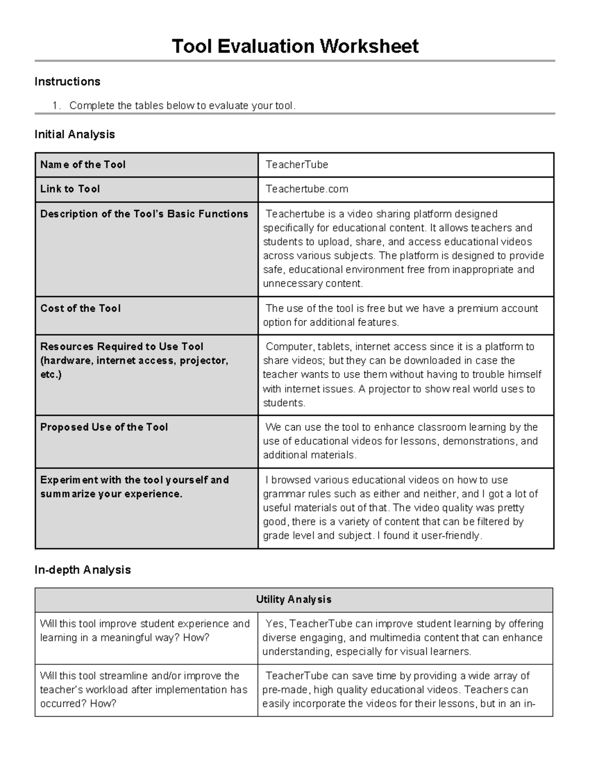 Tool Evaluation Worksheet - Tool Evaluation Worksheet Instructions 1 ...
