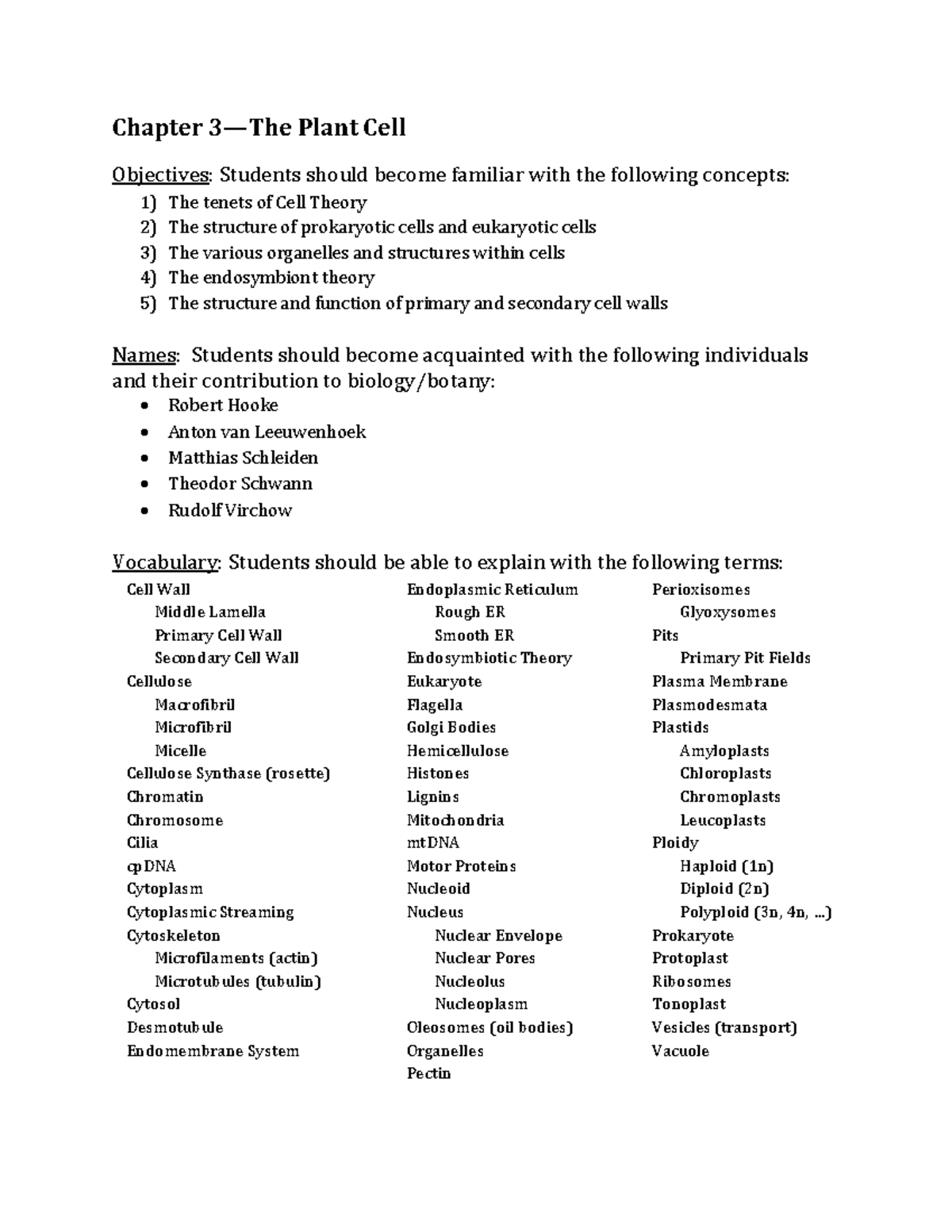 Chapter 3: Plant Cell Structure & Function Objectives - Studocu
