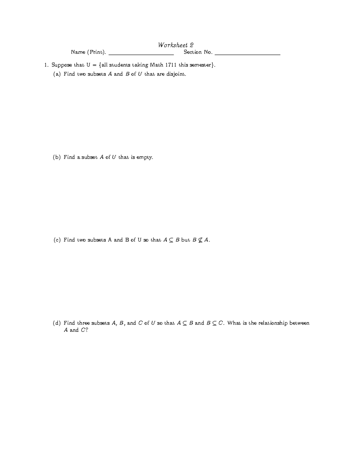 Math 1711 Worksheet: Set Theory & Venn Diagrams Exercises - Studocu