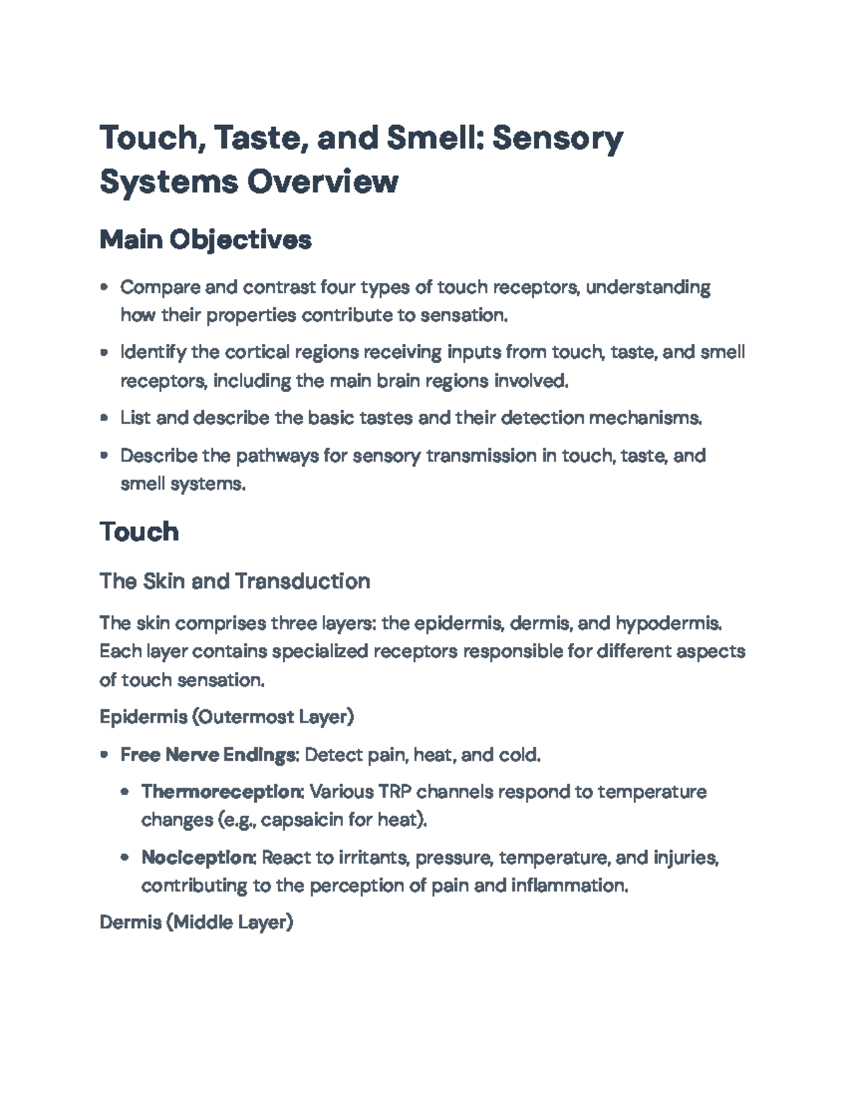 Touch, Taste, and Smell: Sensory Systems Overview and Quiz - Touch ...