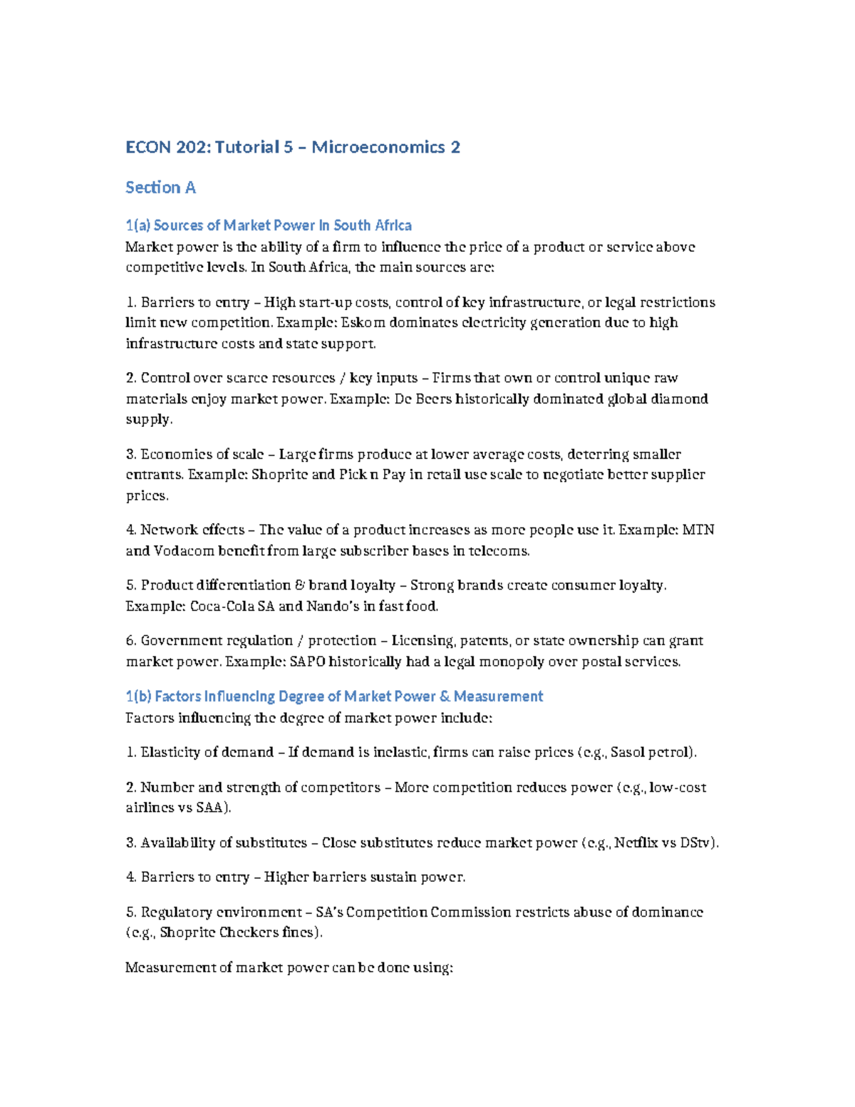 ECON 202: Tutorial 5 - Sources of Market Power in SA - Studocu