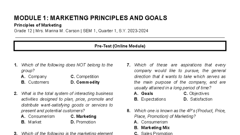 Grade 12 Marketing Principles & Goals - Module 1 (SEM 1, Q1) - Studocu