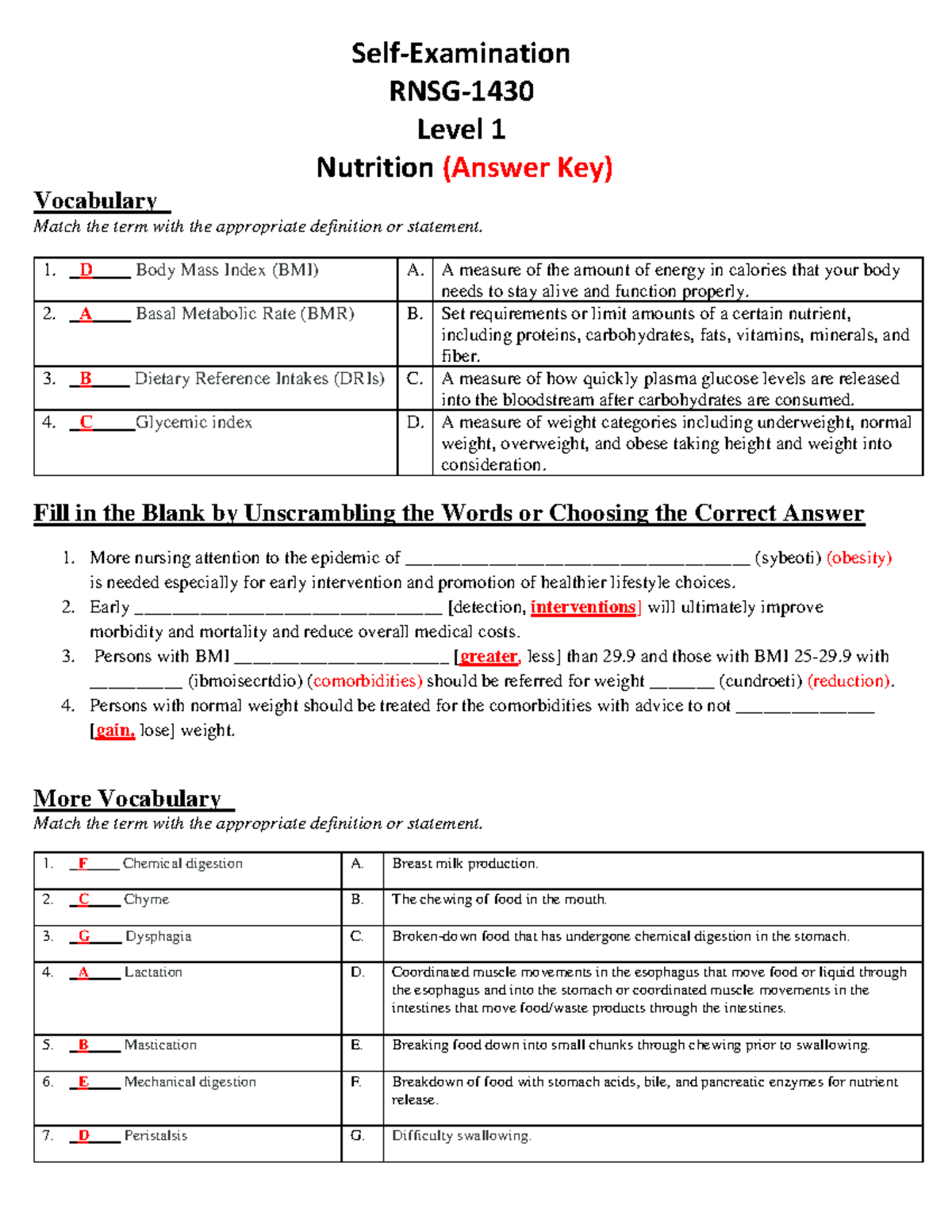 Week 9 Nutrition Vocabulary & Concepts (Answer Key) - Studocu