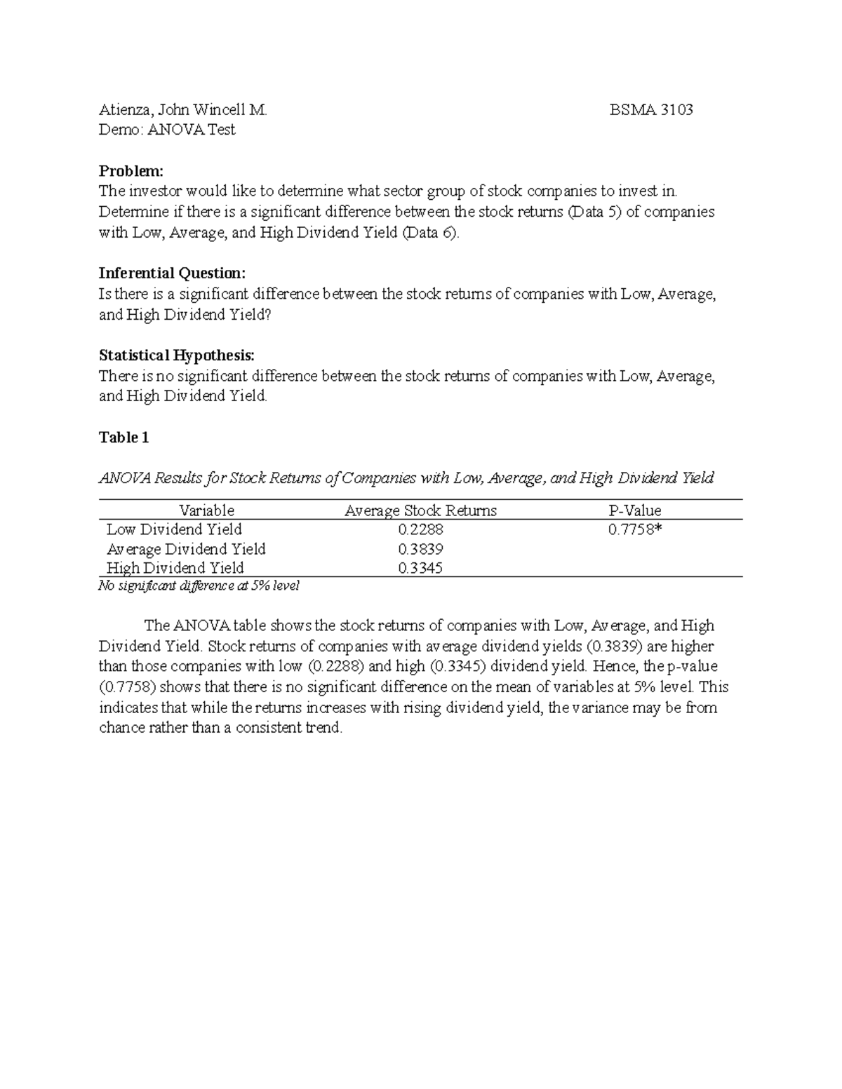 ANOVA EXAMPLES AND PRACTICES - Atienza, John Wincell M. BSMA 3103 Demo ...