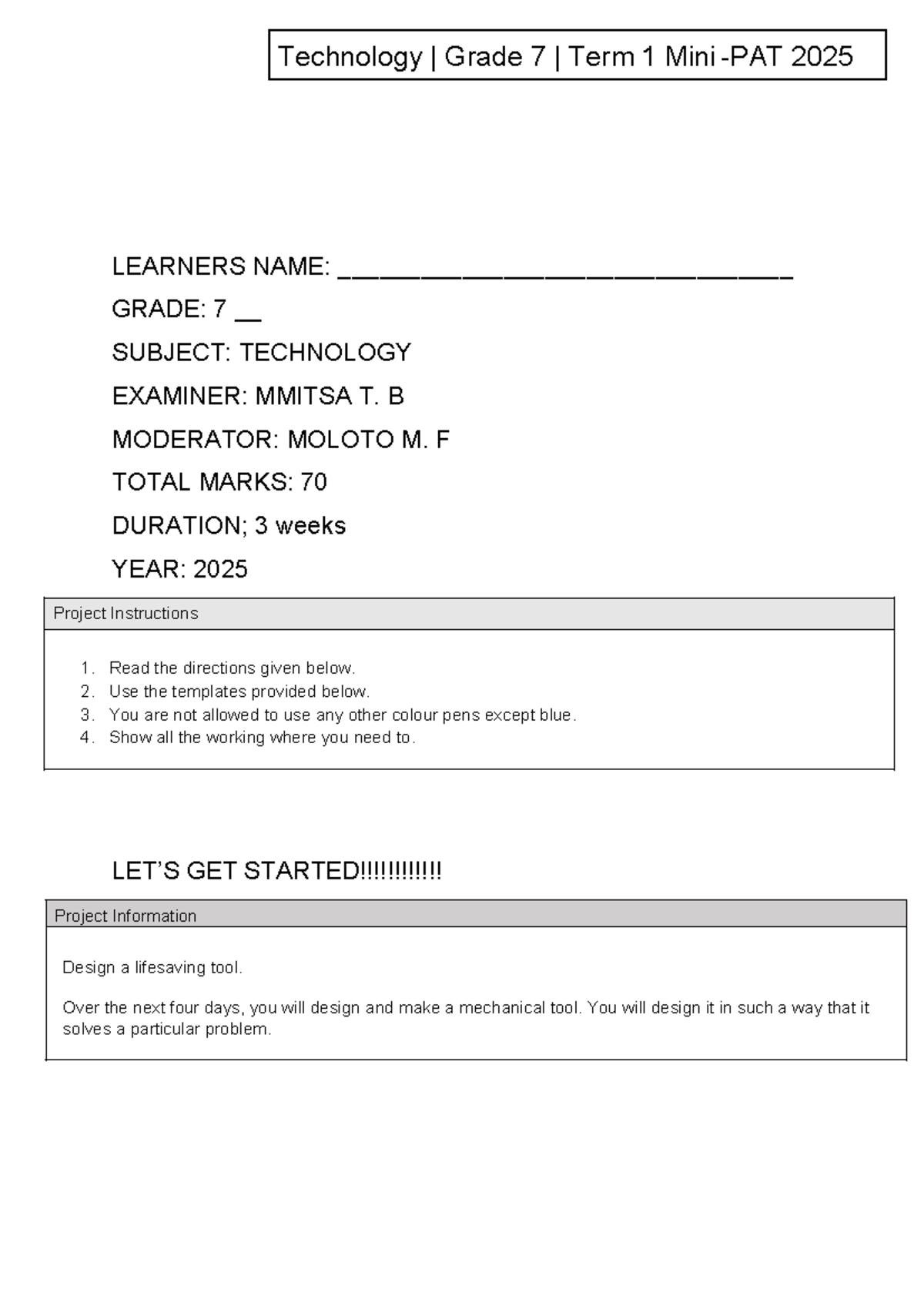 Technology Grade 7 Term 1 Mini Project: Designing a Lifesaving Tool ...