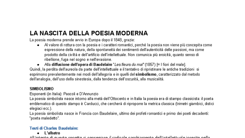 LA NASCITA DELLA POESIA MODERNA: SIMBOLISMO E BAUDELAIRE - Studocu