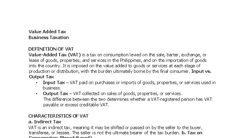 Value Added Tax (VAT) Overview - Business Taxation Notes - Studocu