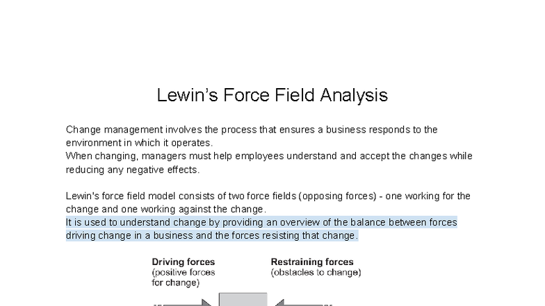 Lewin's Force Field Analysis for Change Management - Studocu