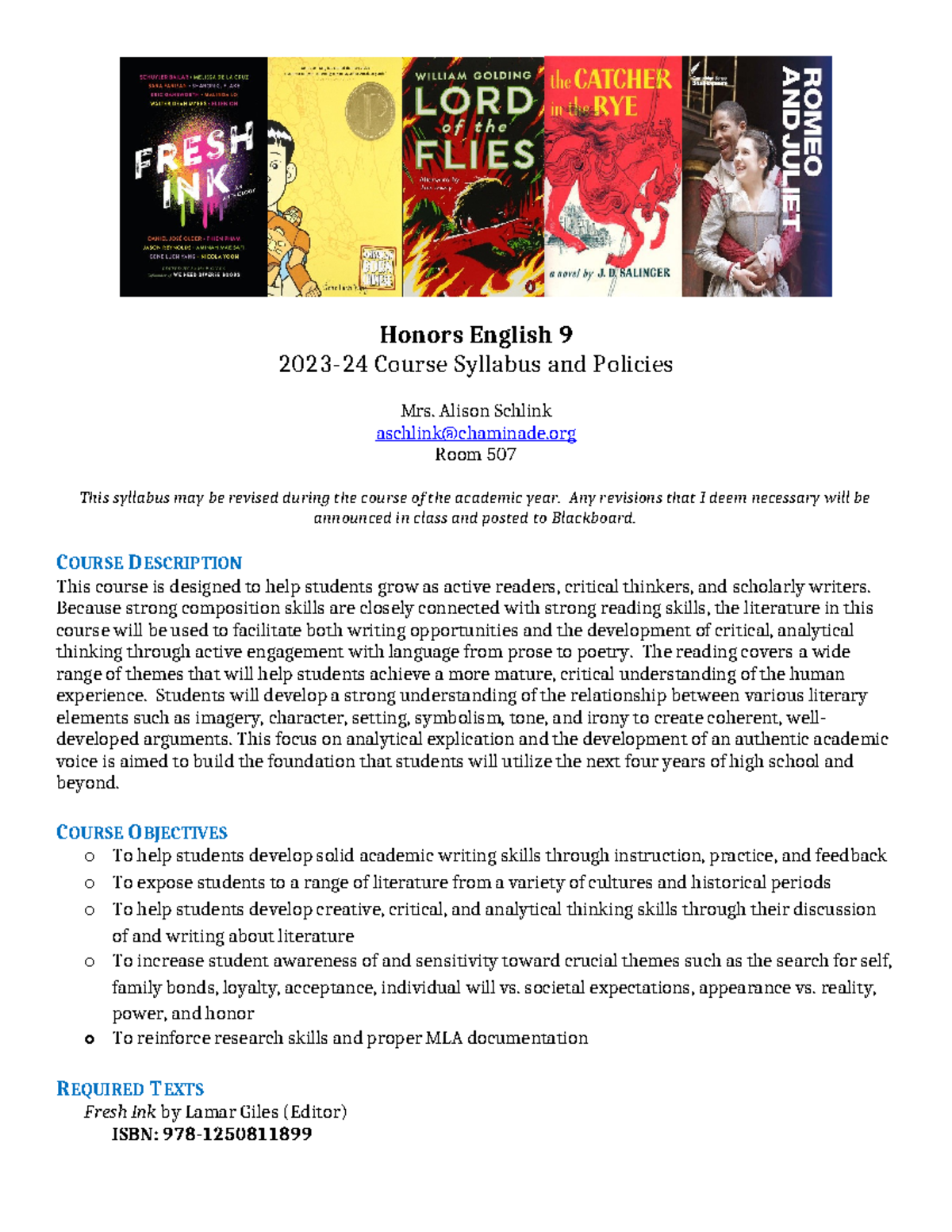 Honors English 9 Syllabus & Course Policies 2023-24 - Studocu