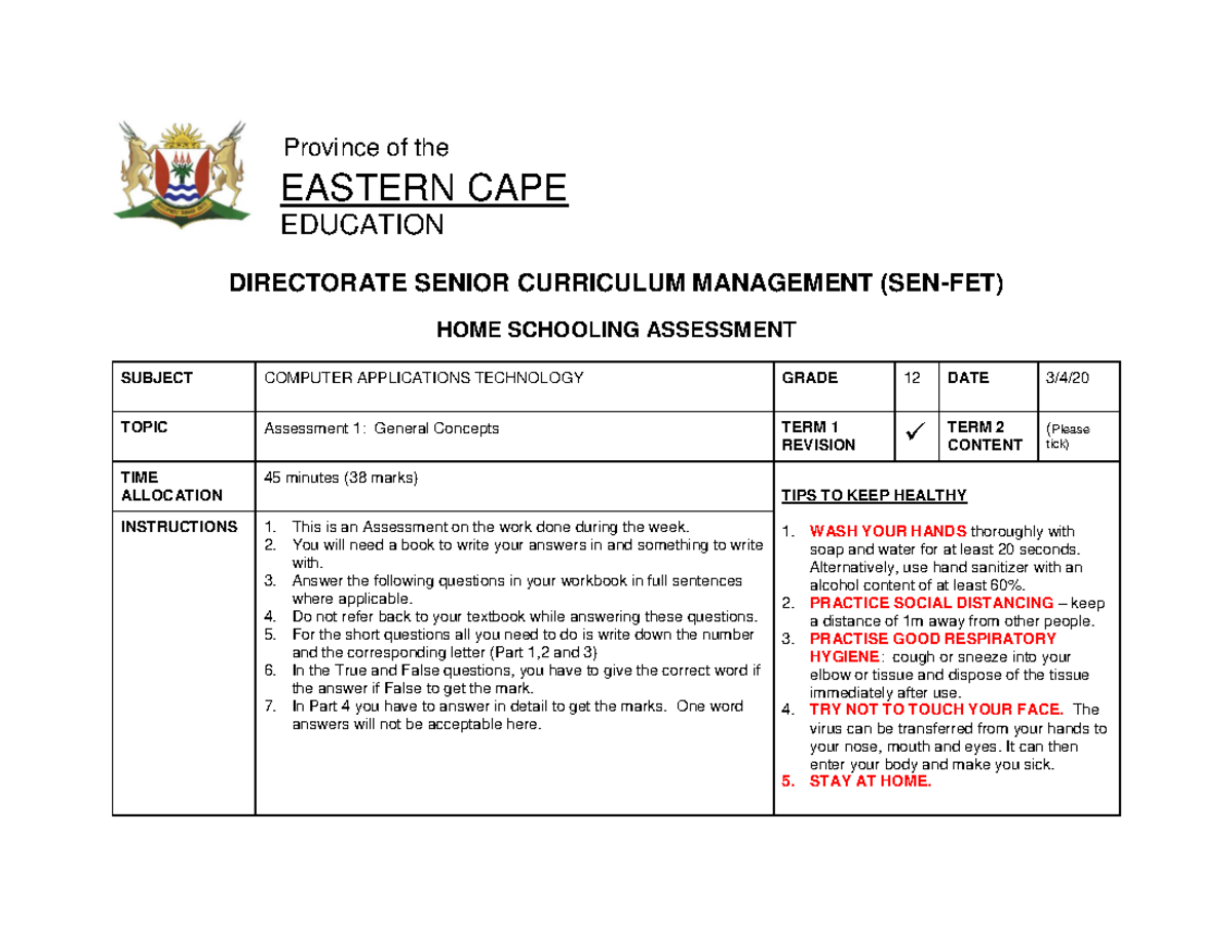 CAT Grade 12 Assessment 1: General Concepts Revision - Studocu