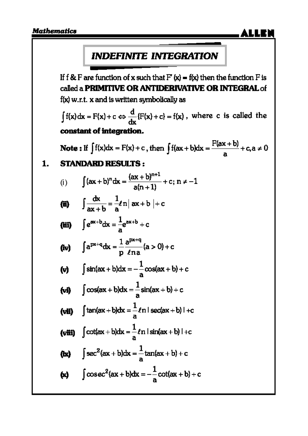Indefinite Integrals Notes for Mathematics (MATH 16) - Studocu