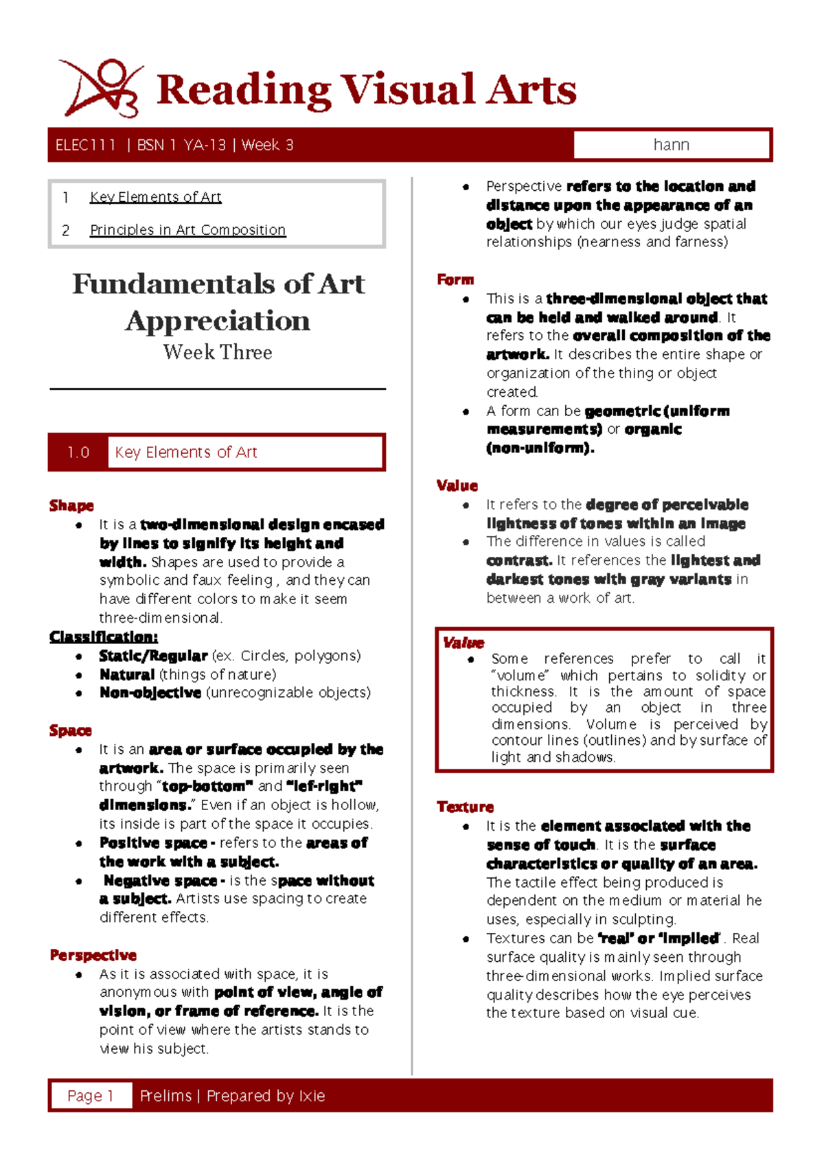 Reading Visual Arts BSN 1 Week 3: Key Elements & Principles of Art ...