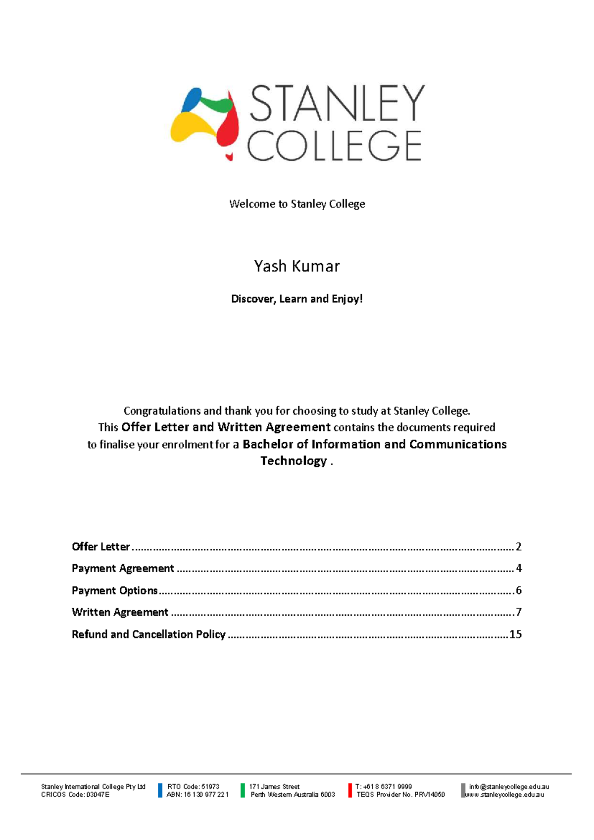 Stanley College Offer Letter for Bachelor of Information and ...