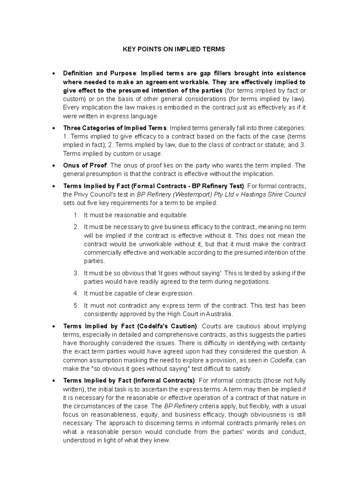 KEY POINTS ON IMPLIED TERMS: Definition, Categories & Proof - Studocu