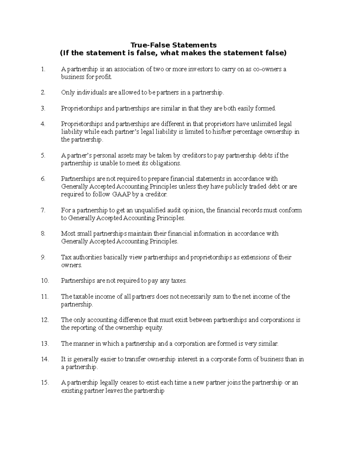 Partnership Formation: True-False Statements & Problem Set - Studocu